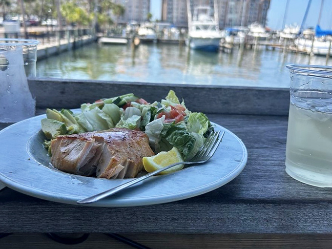 Salmon that would make a grizzly bear jealous. Perfectly seared with a side salad that doesn't feel like punishment.