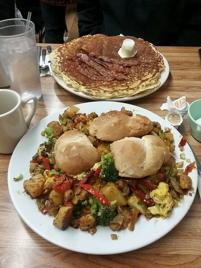 The breakfast equivalent of "go big or go home." That frittata could feed a small village, while the pancake serves as its own zip code.