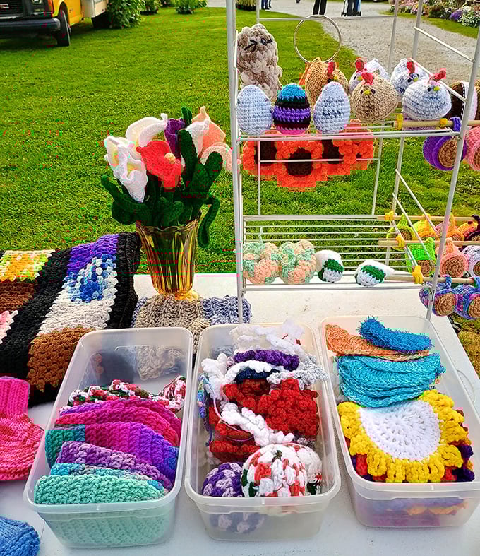 Handcrafted coziness in every stitch. These colorful crochet creations represent hundreds of hours of someone's grandmother-level patience. 