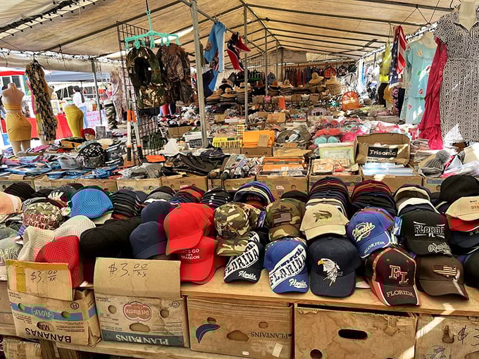 Baseball cap heaven&mdash;where your team loyalty, fishing passion, or desire to keep the sun off your nose can all be satisfied in one cardboard box display.