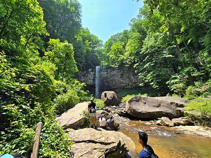 Nothing measures a waterfall like human scale. These hikers demonstrate the perfect "I'm tiny compared to nature" pose that social media was invented for.