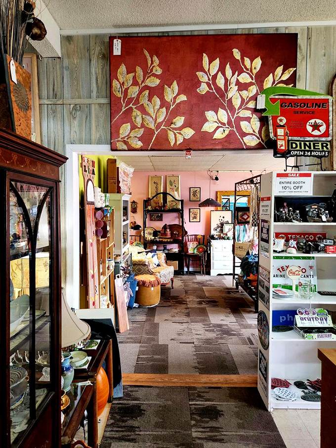 Every booth tells a different story, with that gorgeous red wall art commanding attention like a sunset over vintage Americana.