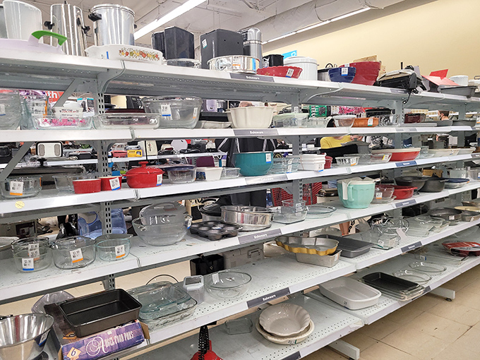 Pyrex paradise! The kitchenware section houses everything from vintage casserole dishes to barely-used modern appliances.
