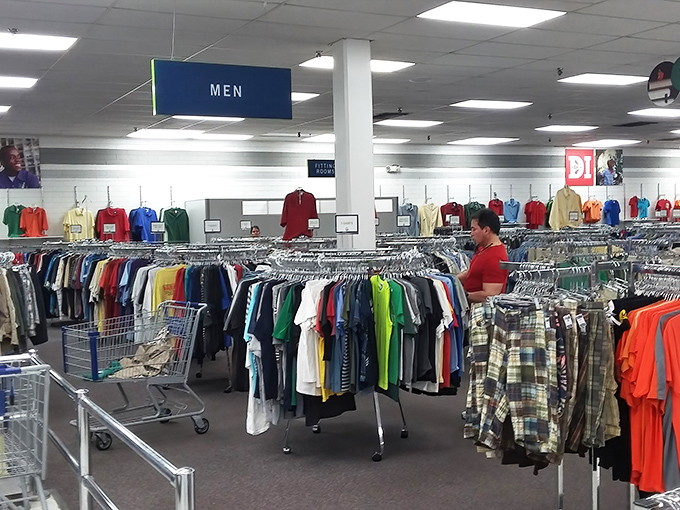 The men's department: where fashion goes for its second act. Hawaiian shirts and business attire coexist in perfect harmony.