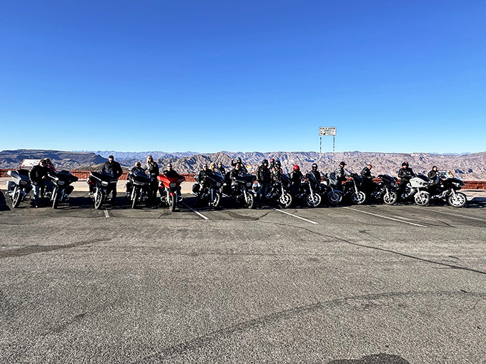 Even the most rugged bikers pause for beauty. When Harleys fall silent, you know the view is doing all the talking.