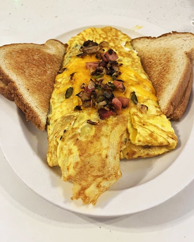 An omelet that doesn't just contain ingredients &ndash; it celebrates them. Those ham bits and peppers are doing a happy dance under melted cheese.