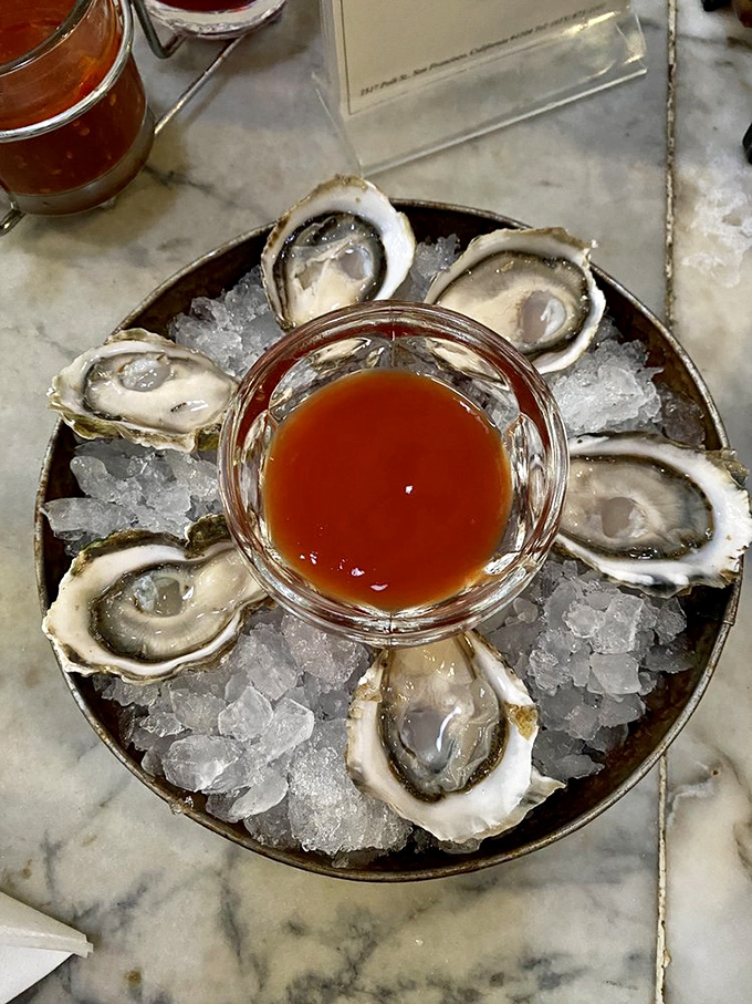 These oysters aren't just served&mdash;they're presented like the jewels of the sea they are, with cocktail sauce playing the perfect supporting role.