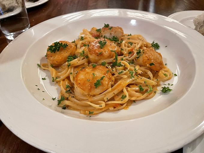 Pasta perfection twirled with scallops, proving that sometimes the ocean knows exactly what your soul needs.
