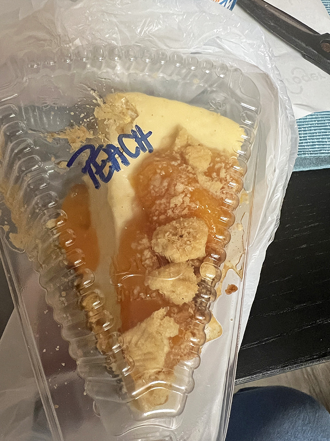 Peach cheesecake to-go, because sometimes the best souvenirs aren't t-shirts&mdash;they're desserts that make the drive home sweeter.