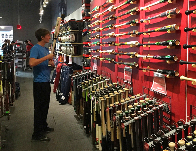 A wall of baseball equipment that would make Kevin Costner's "Field of Dreams" character weep with joy.
