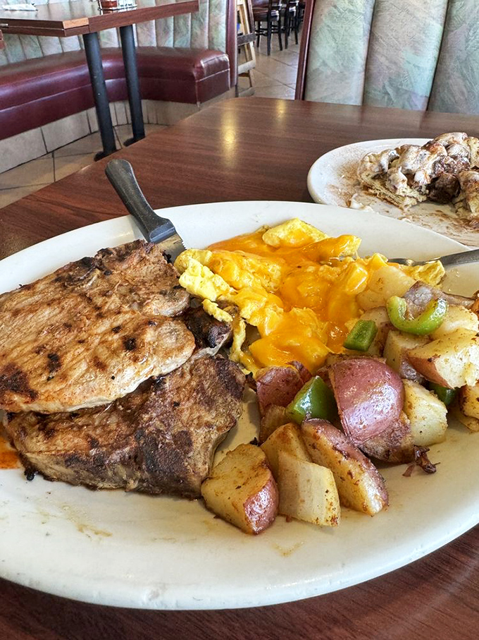 When breakfast meets dinner and they fall in love. Juicy pork chops alongside eggs and potatoes—the breakfast of champions.