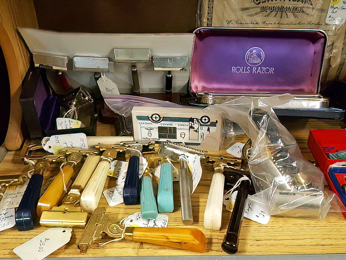 Shaving tools from when morning routines were rituals, not rushed afterthoughts. That Rolls Razor case probably felt like luxury in its day.