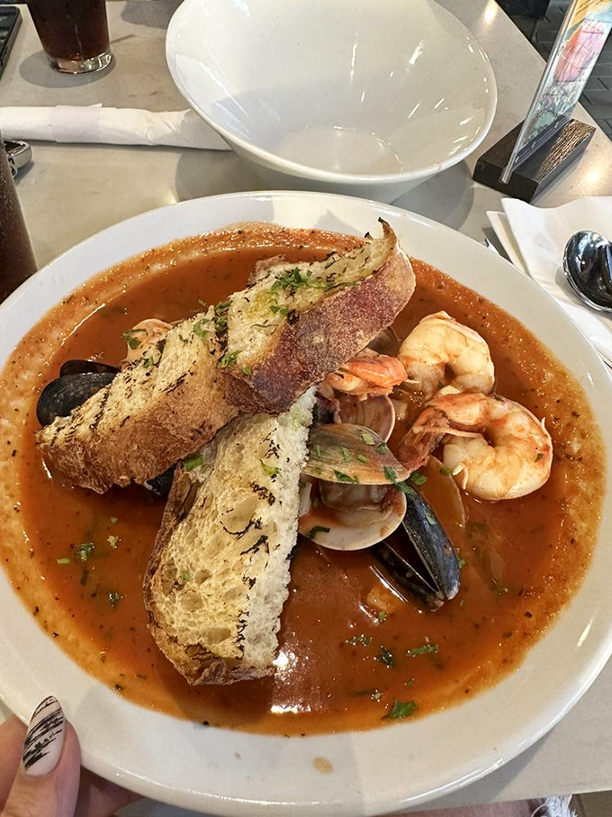The cioppino arrives like a seafood summit meeting, where every delegate from the ocean gets equal representation in that magnificent broth.