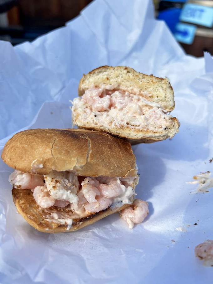 When shrimp decides to join the sandwich party. Plump, tender morsels nestled in a roll that's ready for its close-up.