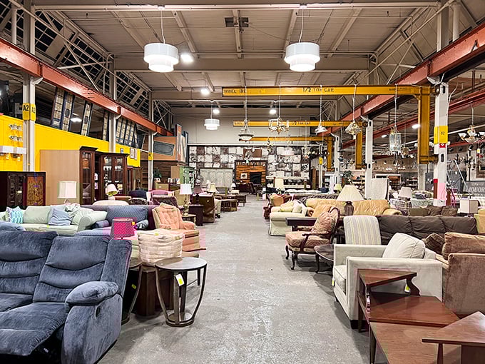The sofa section: where mid-century modern meets "my cousin's basement circa 1992," all waiting for their redemption story in someone's perfectly imperfect living room.