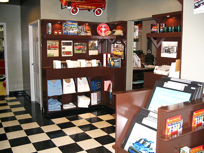 The gift shop's checkerboard floor practically begs you to do the twist while browsing memorabilia that makes car enthusiasts' hearts race faster than a V8.