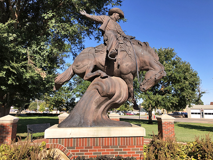 This impressive bronze sculpture captures the spirit of Oklahoma's frontier heritage, standing proudly in the heart of Alva.