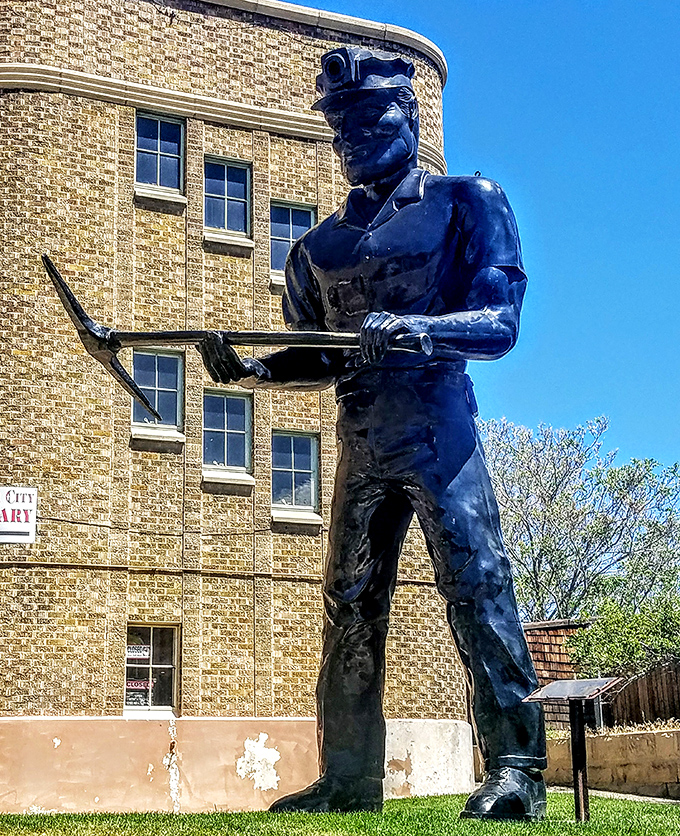 This striking blue statue of a miner outside the library serves as a powerful reminder of the shoulders upon which this community was built.