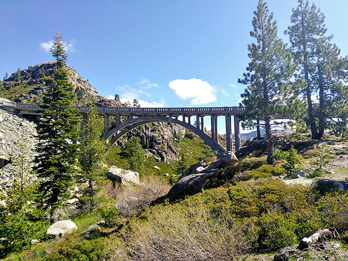 This isn't just a bridge; it's a masterpiece of engineering where concrete meets Sierra granite in perfect mountain harmony.