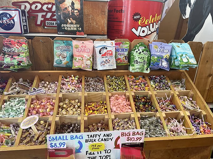 Each wooden bin contains a different taffy variety, creating an edible color wheel that would make both Newton and Warhol equally proud.