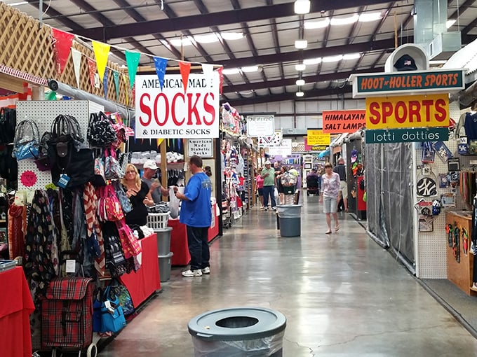 American-made socks share real estate with Himalayan salt lamps. The market's eclectic personality shines brightest in these bustling aisles.