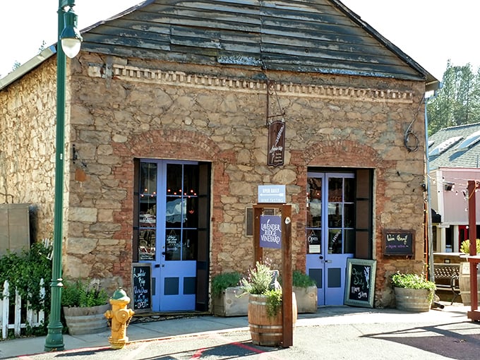 Stone walls and blue doors prove that sometimes the simplest combinations create the most lasting beauty.