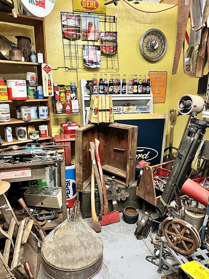 Tools that built America displayed alongside the knickknacks that decorated it. This booth celebrates utility and whimsy in equal measure.