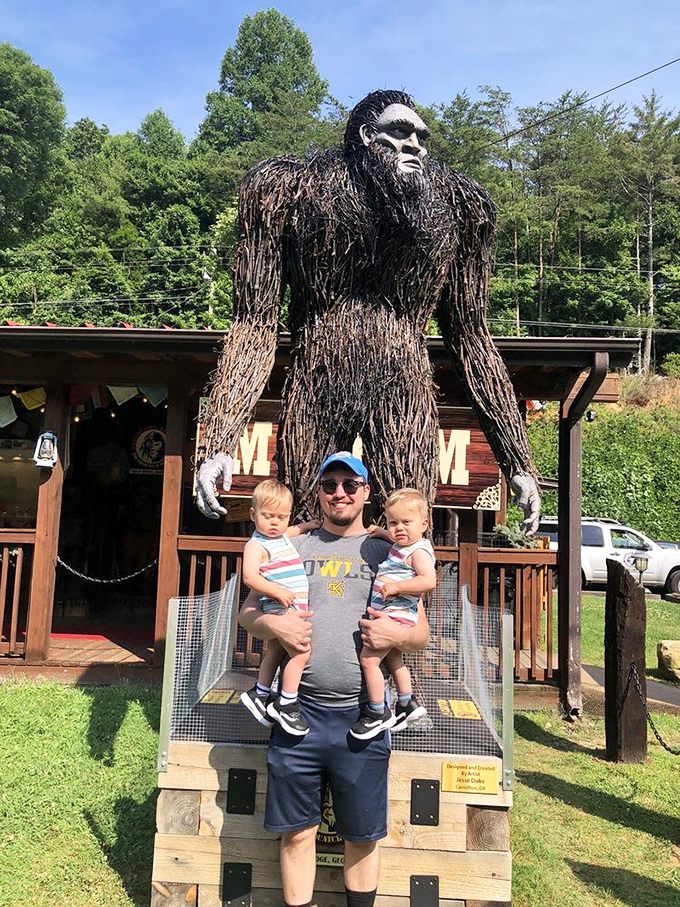 The massive Bigfoot statue provides the perfect photo opportunity, dwarfing visitors and creating memorable family moments against the Blue Ridge backdrop.