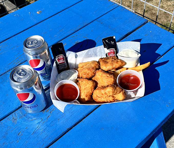The complete Bowpicker experience: crispy tuna chunks, hand-cut fries, and condiments arranged on a picnic table like a seafood still life.