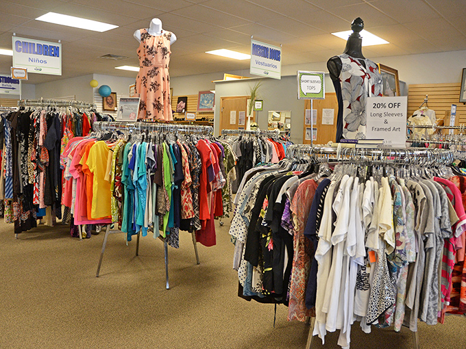 The women's clothing department is a fashionista's playground, where vintage treasures and contemporary finds hang side by side in colorful harmony.