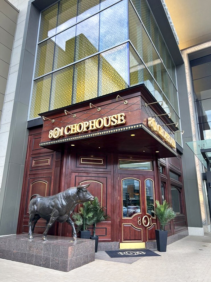 That bull statue isn't just decoration &ndash; it's a warning that serious beef business happens inside these doors.