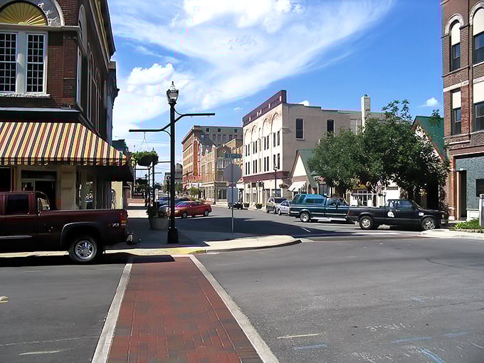 Anderson's downtown corner building stands proud with its distinctive brick pattern and vintage charm.