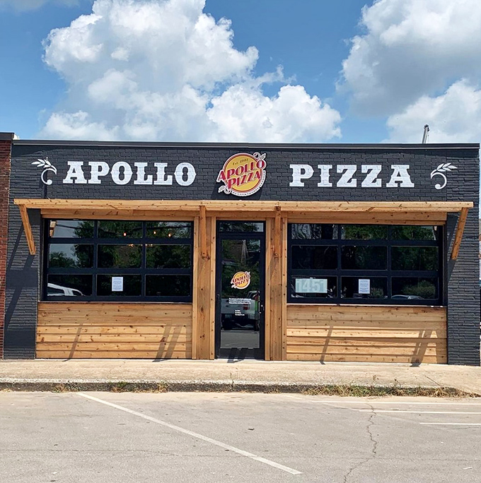 Sleek, modern, and ready for liftoff&mdash;this black building houses pizza that's out of this world.