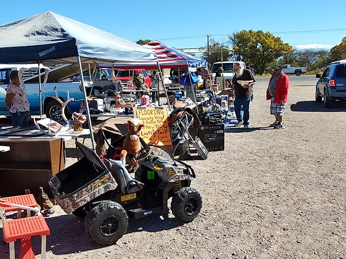 Outdoor vendors at Belen display their wares under canopies, creating a festive atmosphere for serious treasure hunting.
