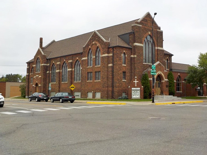 This stately brick church anchors Bemidji's community life, its arched windows witnessing generations of weddings, funerals, and Sunday best.