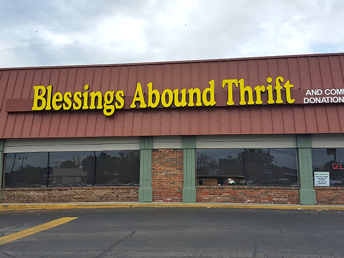 Blessings Abound's cheerful yellow sign brightens even the cloudiest Kansas day with promises of bargains.