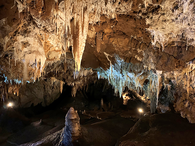 California Cavern's mysterious passages beckon explorers deeper. Those rippled formations look like someone hit "pause" on flowing caramel mid-pour.