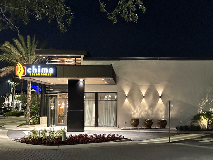 Chima's sleek, modern design lights up the Orlando night - Brazilian steakhouse elegance with a Florida twist.