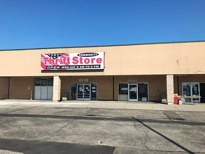 The Community Thrift Store's patriotic sign stands tall&mdash;where shopping becomes an act of local heroism for your wallet and neighborhood.