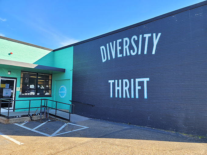 Diversity Thrift's bold exterior makes a statement before you even step inside. The building itself dresses more colorfully than most people!