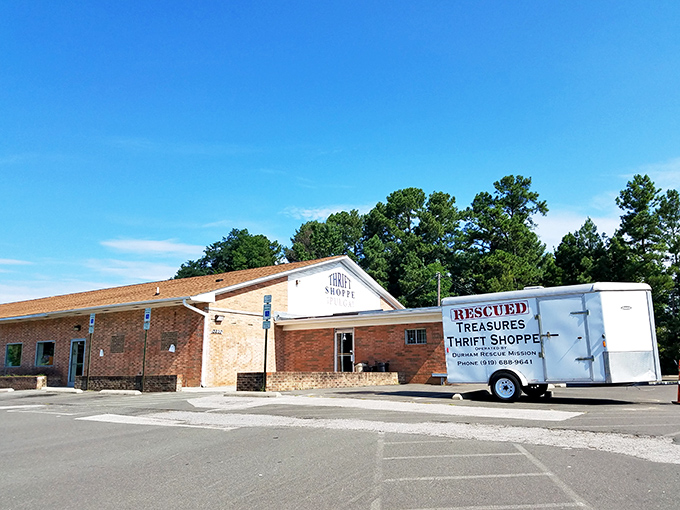The Durham Rescue Mission Thrift Store sits unassumingly in the sunshine, hiding treasures like a modest millionaire.
