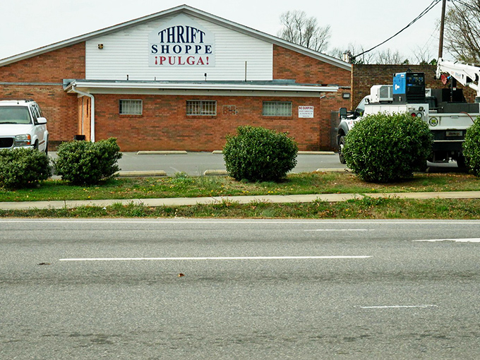 Durham Rescue Mission's no-frills exterior hides a warehouse of possibilities. The thrill of the hunt begins at this unassuming entrance!