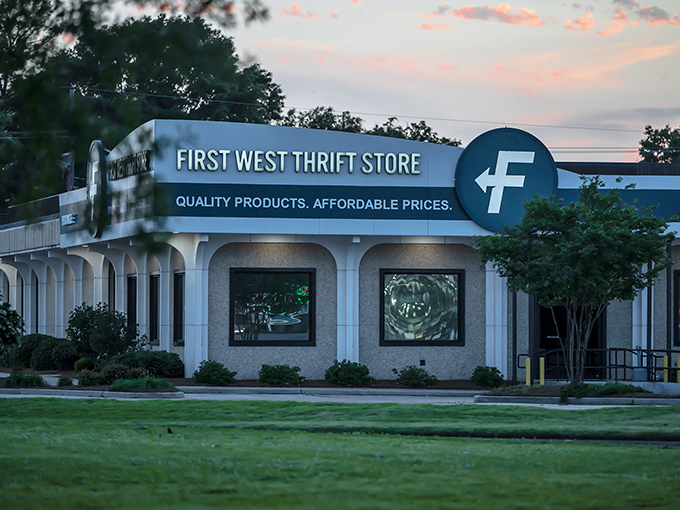 Twilight casts a magical glow on this thrift store's distinctive fa&ccedil;ade &ndash; shopping here feels equally enchanted.