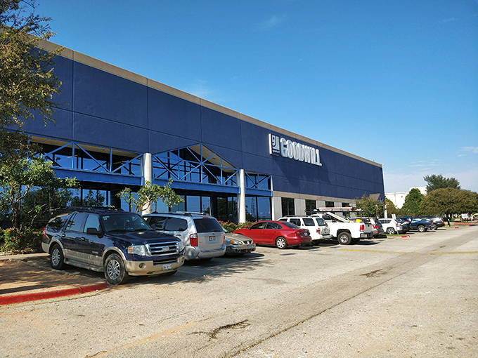Goodwill's sleek blue exterior houses the legendary "Bins" experience. This isn't shopping&mdash;it's an Olympic sport!