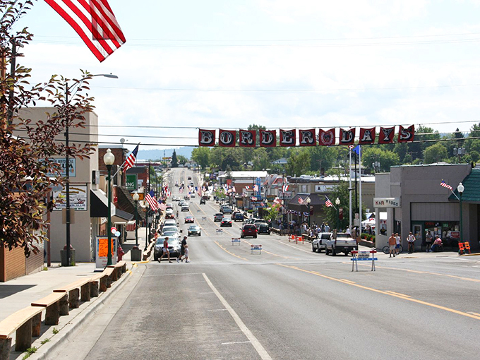 Grangeville welcomes visitors with its iconic main street banner, where small-town prices match the friendly atmosphere.