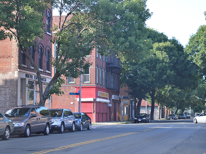 Holyoke's brick buildings and fall foliage create a quintessential New England scene. Those red maples showing off like they're auditioning for a calendar shoot.