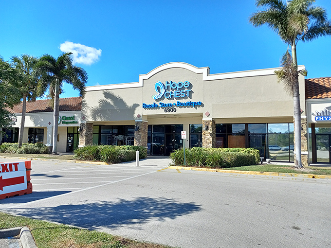 Hope Chest's palm-lined entrance feels more like a boutique than a thrift store &ndash; luxury without the price tag.