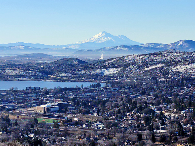 Klamath Falls reveals itself from above - a patchwork of neighborhoods nestled between mountains and water.