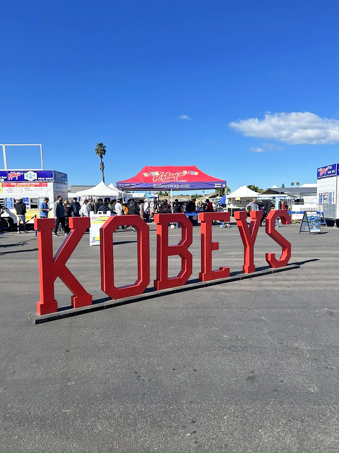 Kobey's big red letters announce what locals already know: the weekend treasure hunt starts here!
