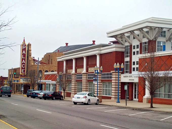 A classic American downtown where the historic Palace Theatre marquee still lights up the night, promising entertainment without big-city prices.